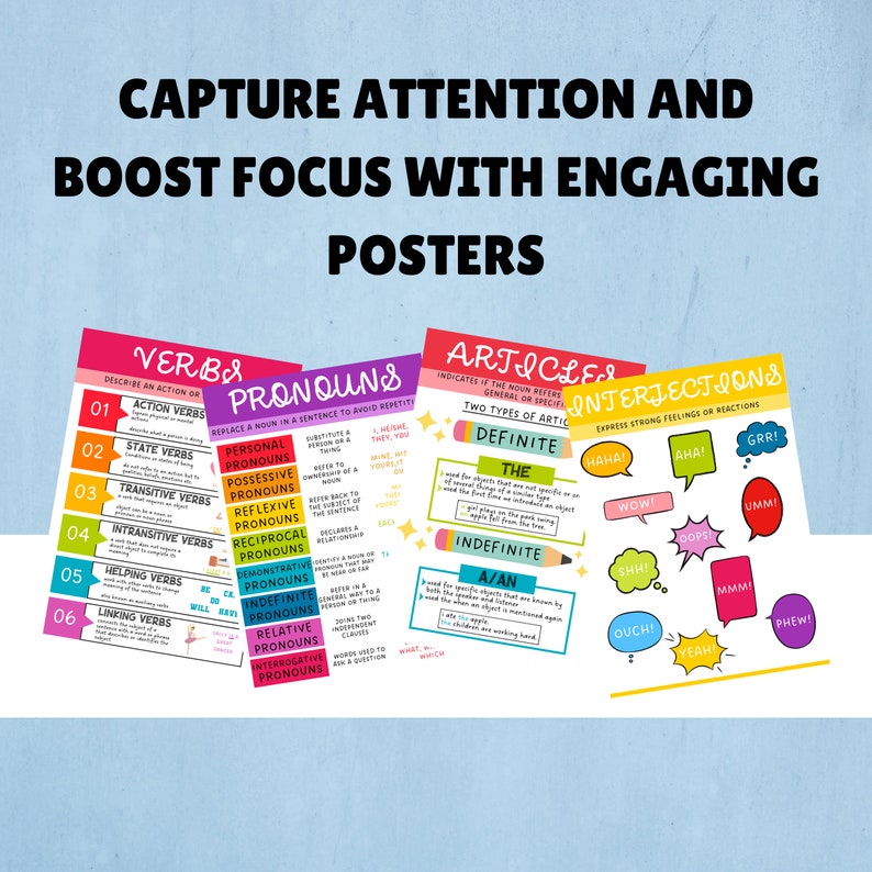 Colorful English Posters Bundle Bulletin Board Parts of Speech Rainbow ...