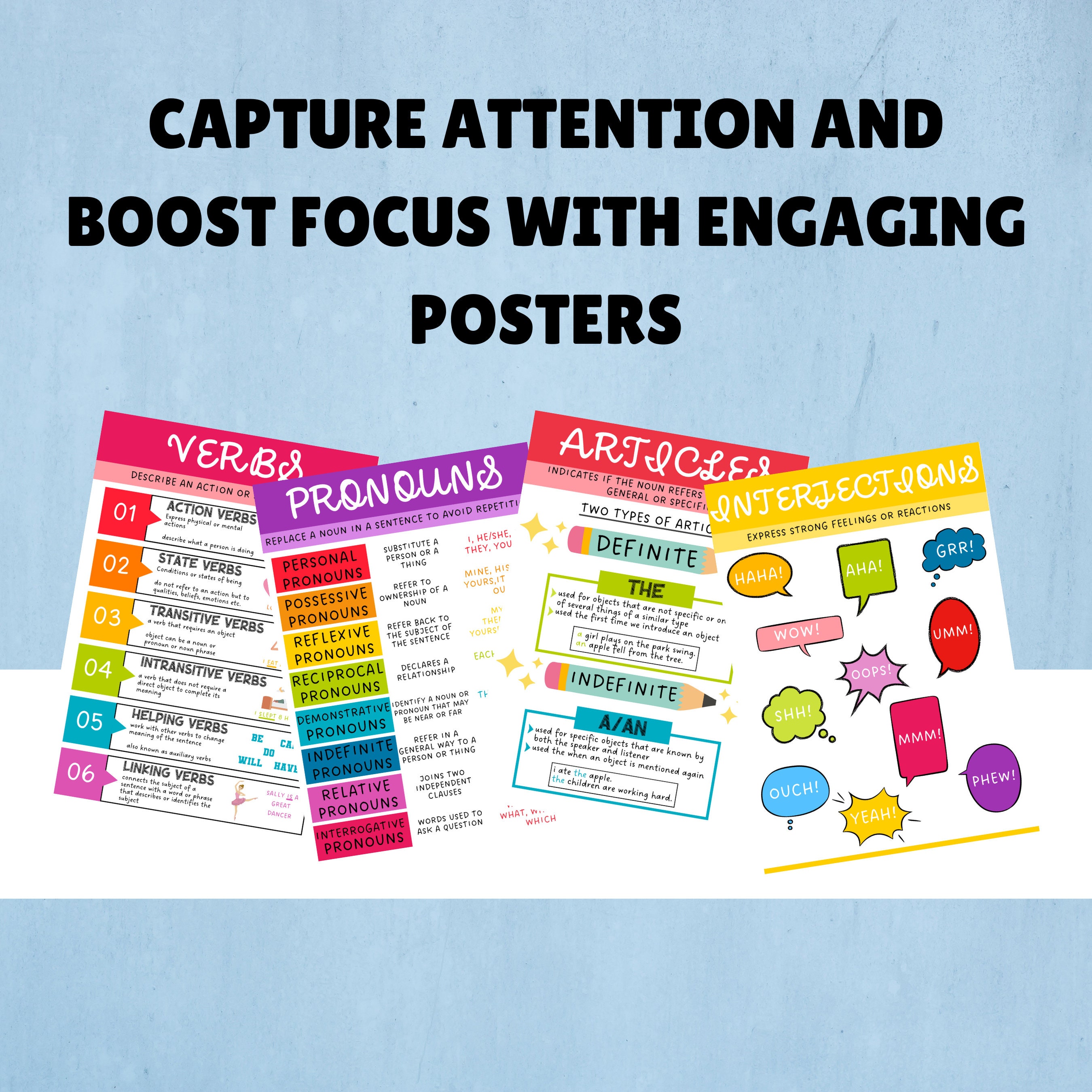 Colorful English Posters Bundle Bulletin Board Parts of Speech Rainbow ...