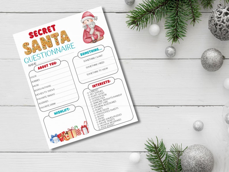 Secret Santa Questionnaire, Christmas Party, Work Secret Santa, Secret ...