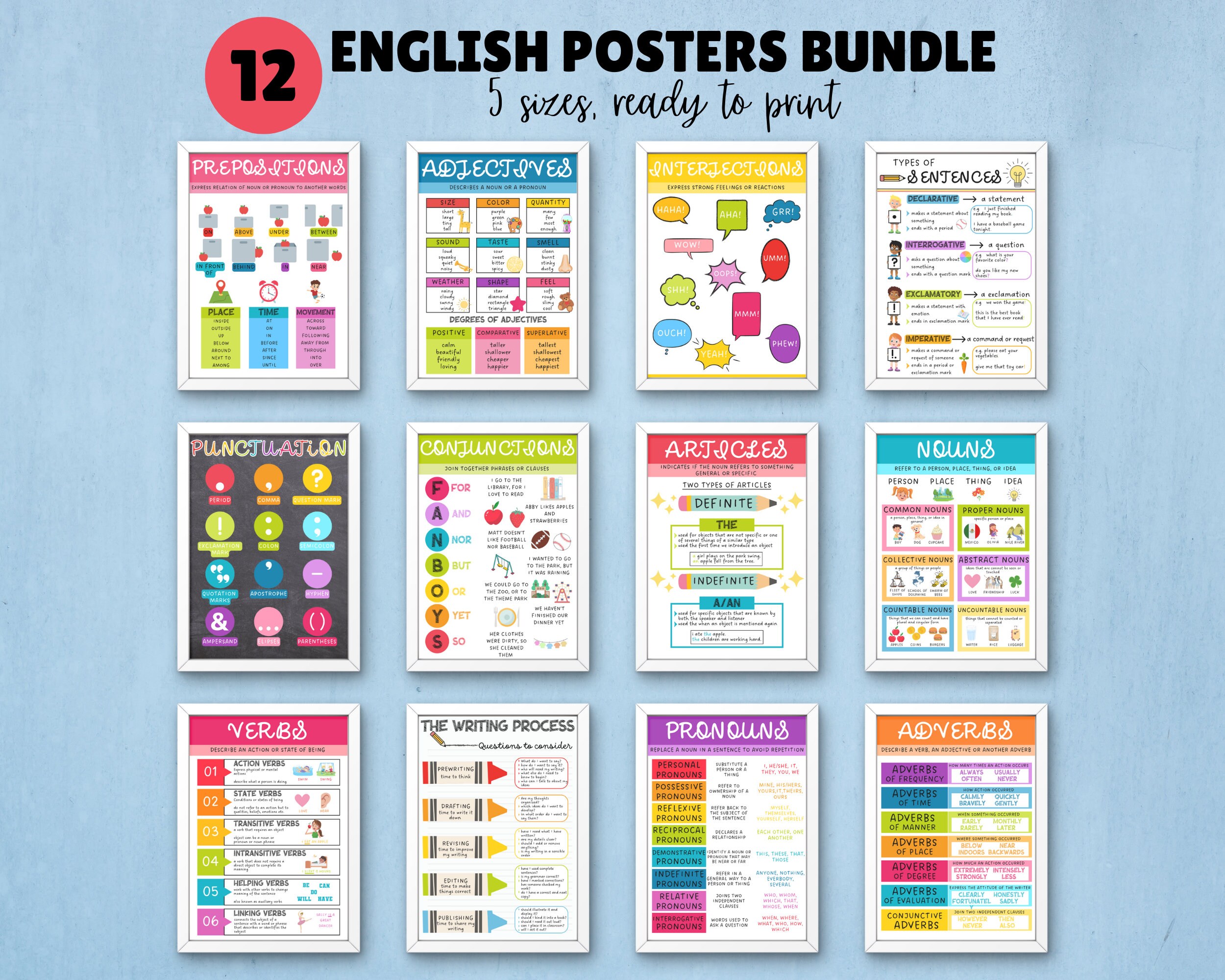 Colorful English Posters Bundle Bulletin Board Parts of Speech Rainbow ...