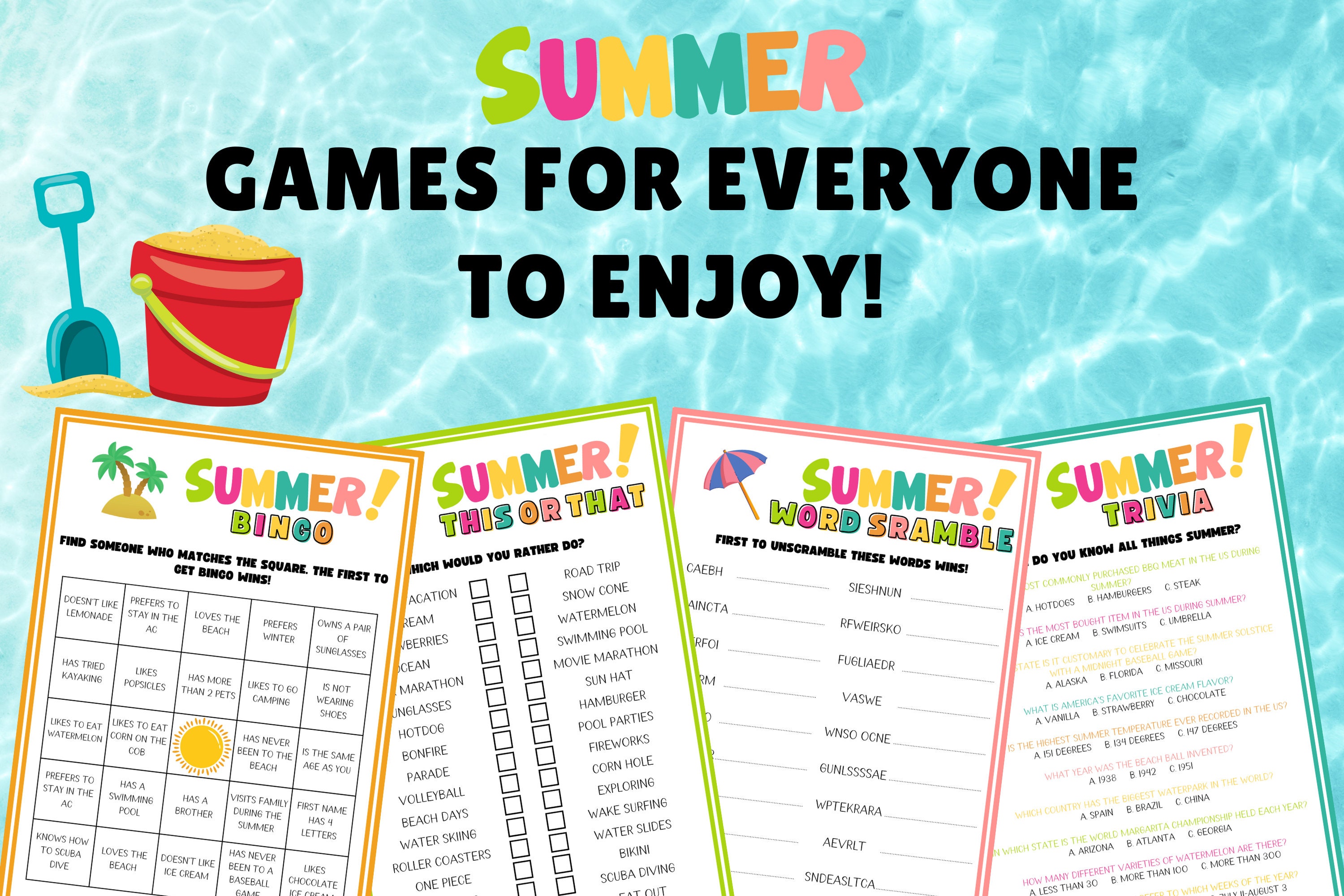 Summer Printable Games Bundle, Summer Kids Games, Summer Trivia, Summer ...