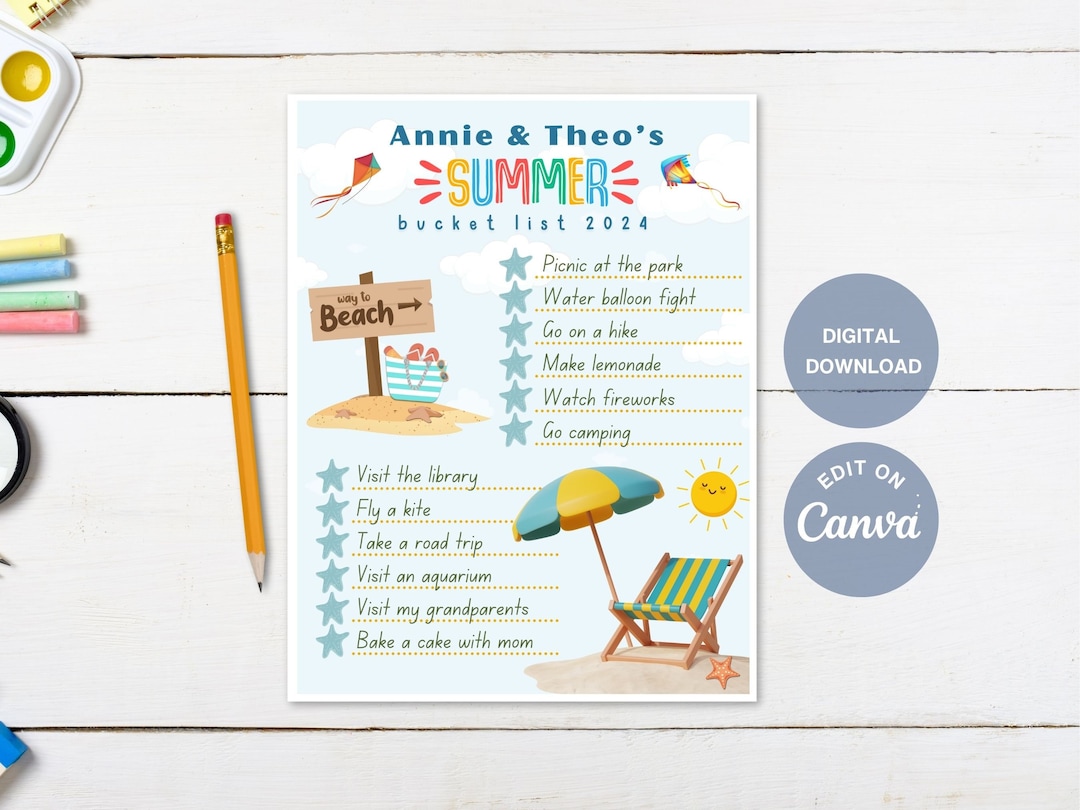 Digital Editable at the Beach Summer Bucket List - Instant Download ...