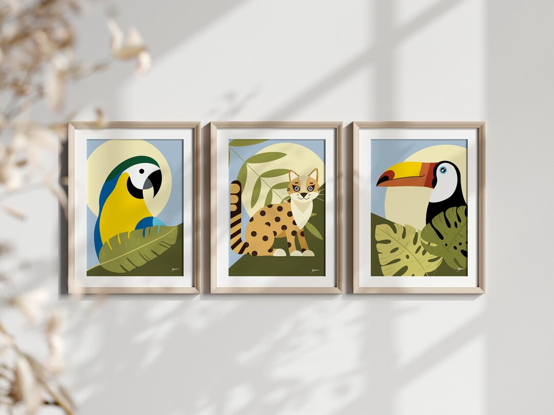 Rainforest Animal Art Prints: Macaw, Leopard, Toucan - Tropical Decor ...