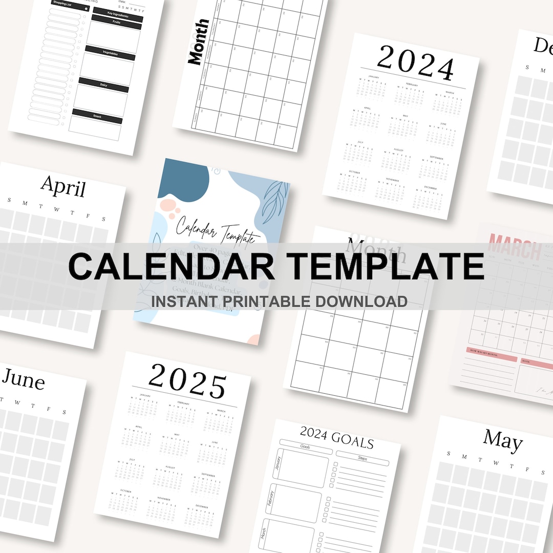 Printable Calendar Template, Monthly Planner, Digital Download ...