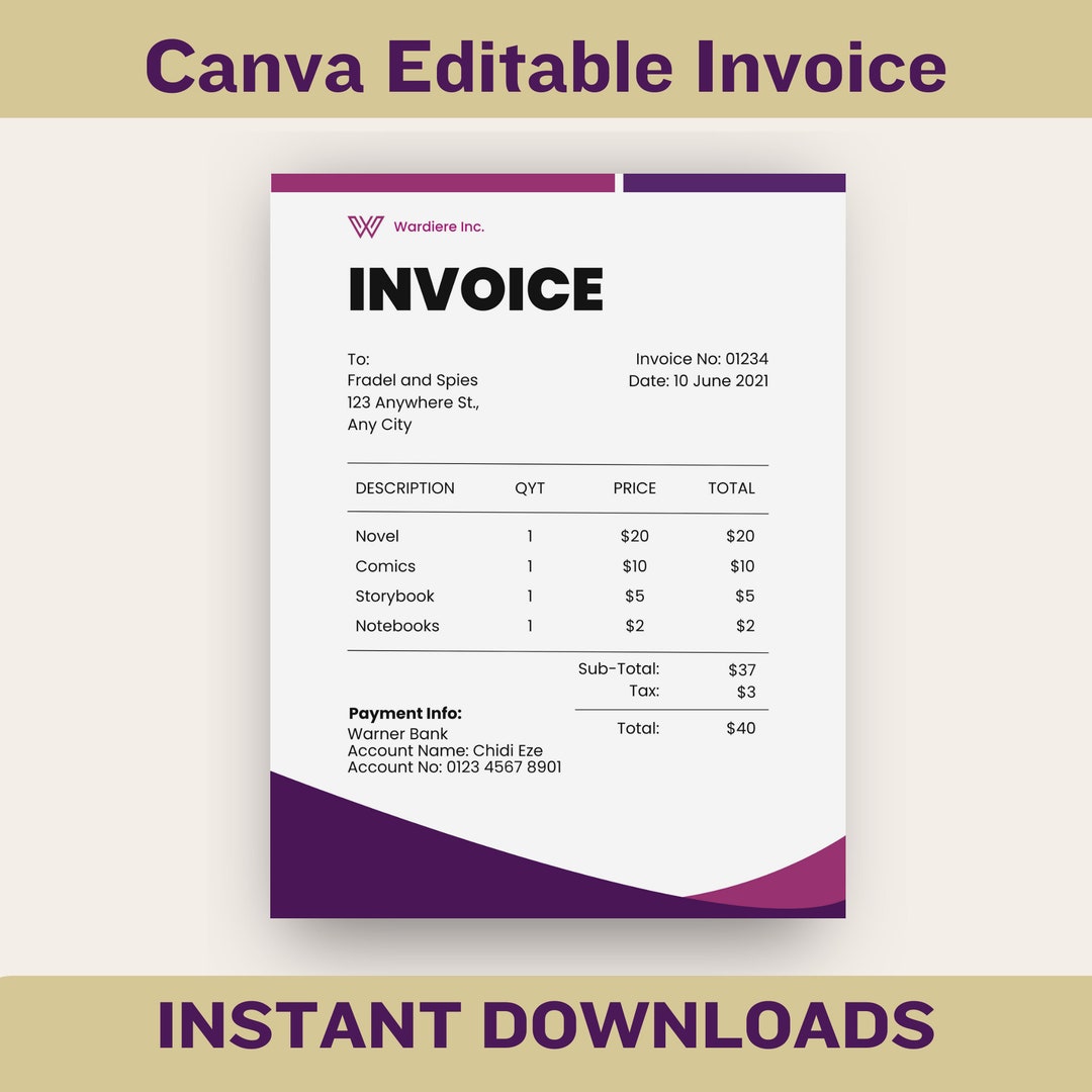 Canva Editable Invoice Template,small Business,canva Template,business ...