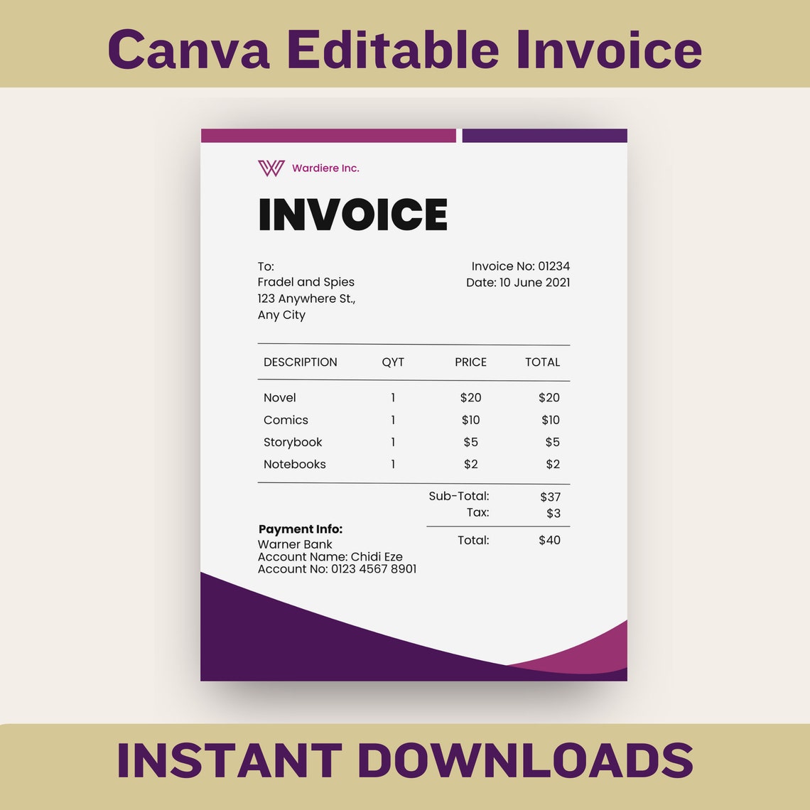Canva Editable Invoice Template,small Business,canva Template,business ...