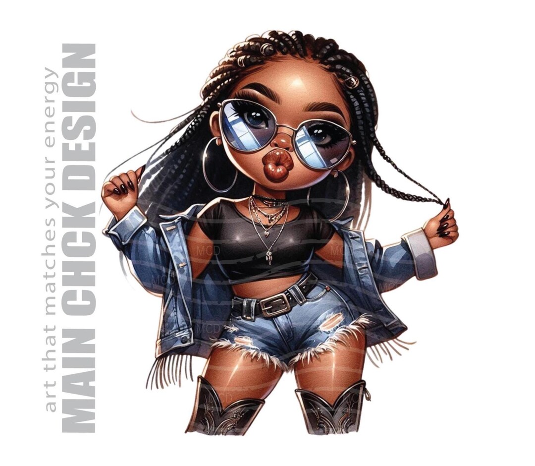 Daisy Dukes and Boots Black Chibi With Sunglasses, African American Stylish Chibi PNG, Cowgirl ...