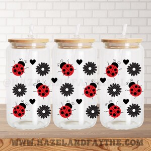 Ladybugs and Flowers UV DTF Cup Wrap for 16 Oz Glass Cans Ready to ...