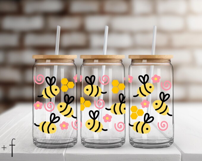 Cute Bees and Honey UV DTF Glass Can Wrap for 16 Oz Libbey Glass, UV ...