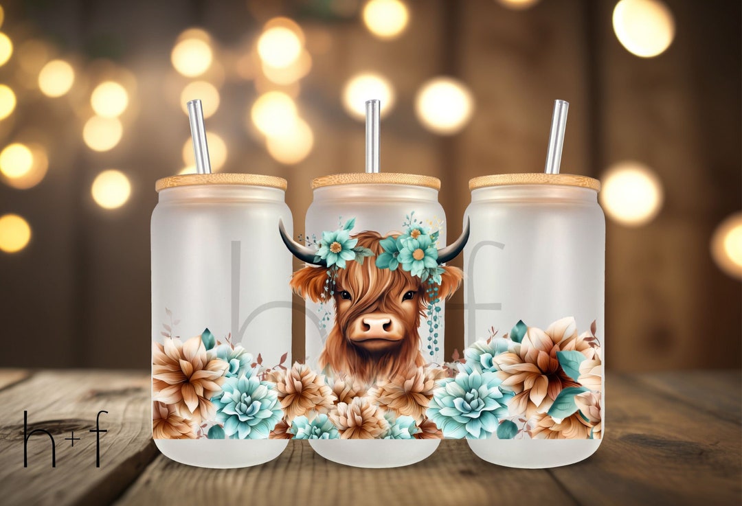 Teal Highland Cow UV DTF Glass Can Wrap for 16 Oz Glass, Ready to Apply ...