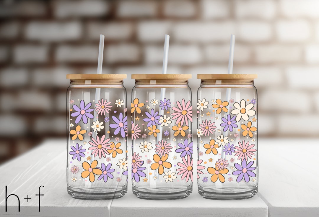 Flowers UV DTF Glass Can Wrap for 16 Oz Libbey Glass, UV Dtf Cup Wrap ...