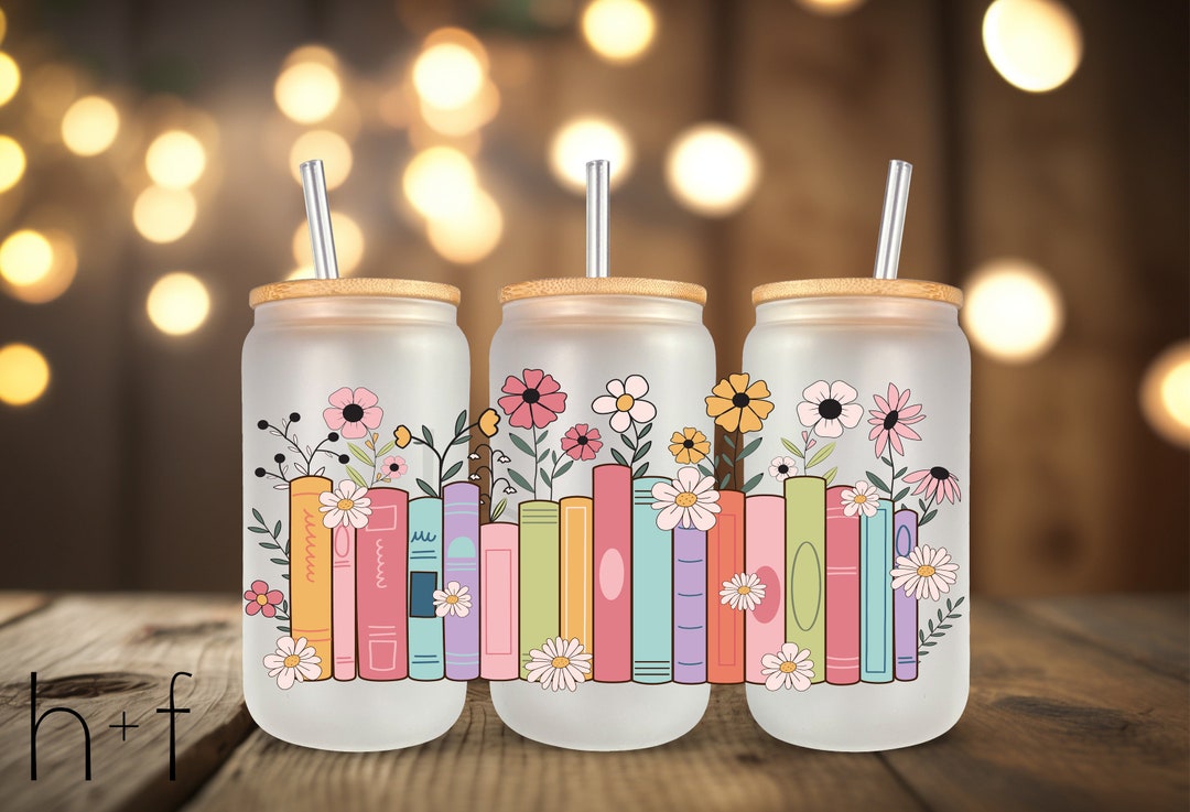 Floral Books UV DTF Cup Wrap for Glass Can, Ready to Apply and Ready to ...