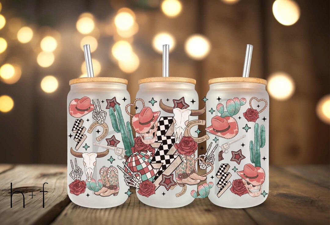 Retro Western Cluster UV DTF Glass Can Wrap for 16 Oz Libbey Glass, UV ...