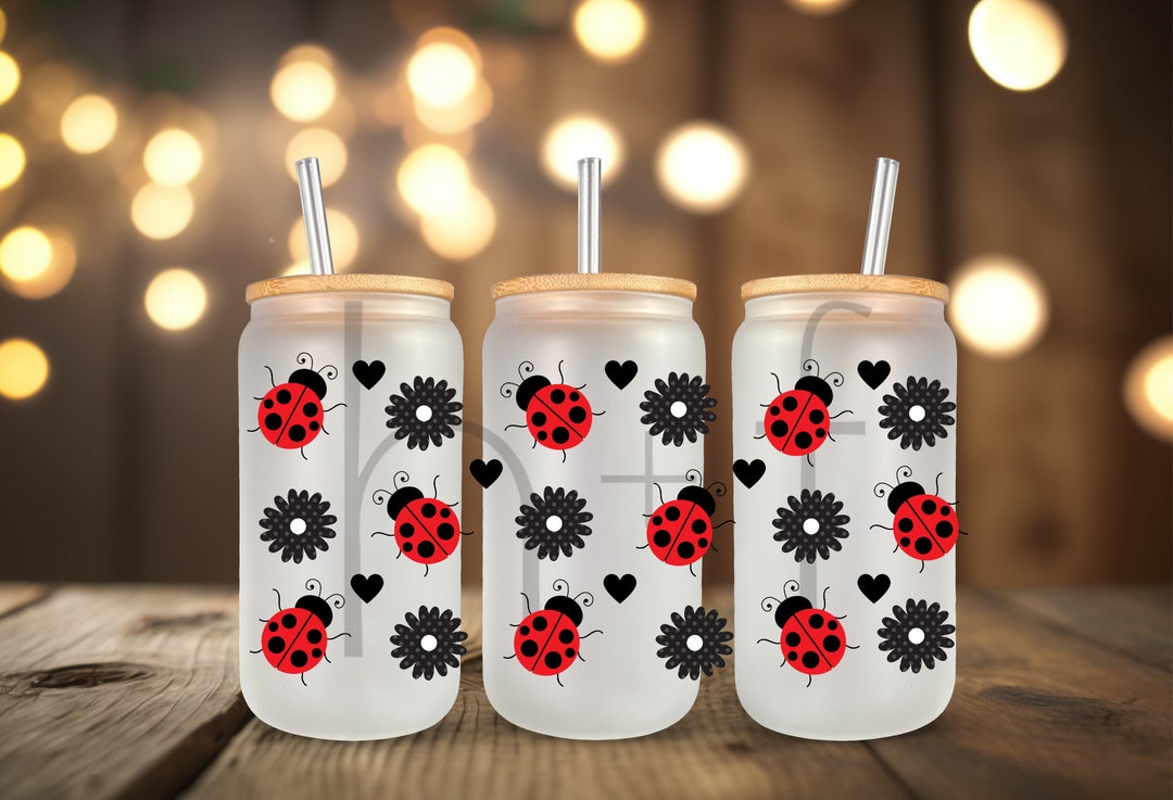 Ladybugs and Flowers UV DTF Cup Wrap for 16 Oz Glass Cans Ready to ...