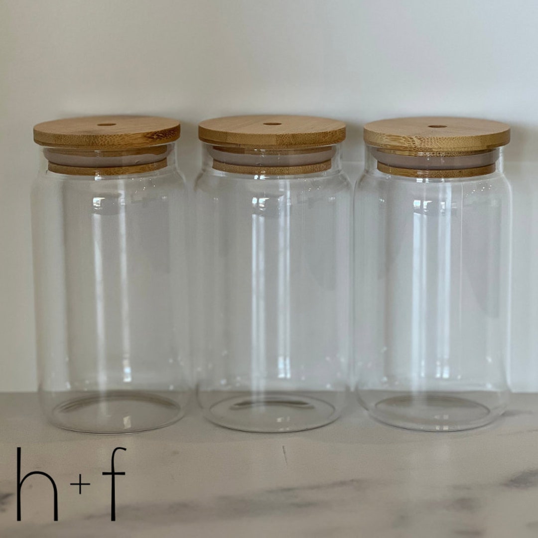 Clear 12 Oz Glass Can With Bamboo Lid and Glass Straw Clear 12 Oz Glass ...
