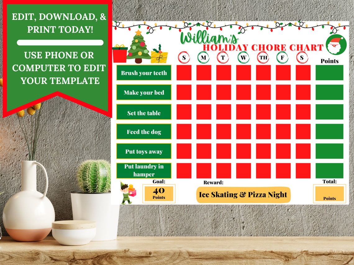 Christmas Chore Chart Editable Reward Chart Kids Chore Chart Chore ...