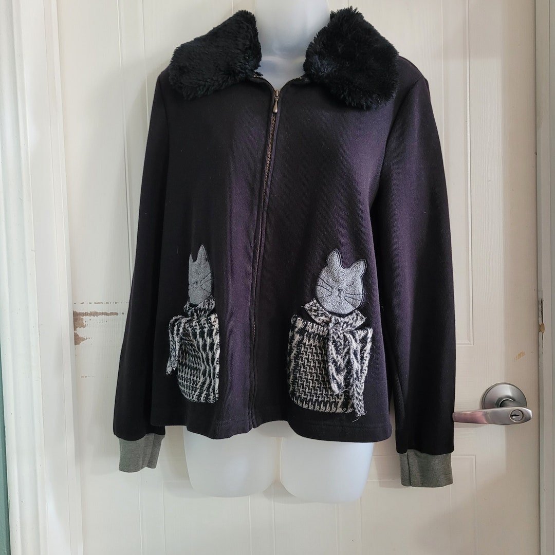 Onque Casuals Cardigan Sweater Large Full Zip Faux Fur Collar - Etsy