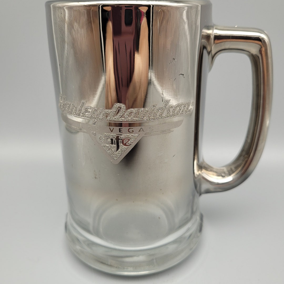 Harley Davidson Etched Glass Mug Las Vegas CAFE Mirrored Chrome Beer ...