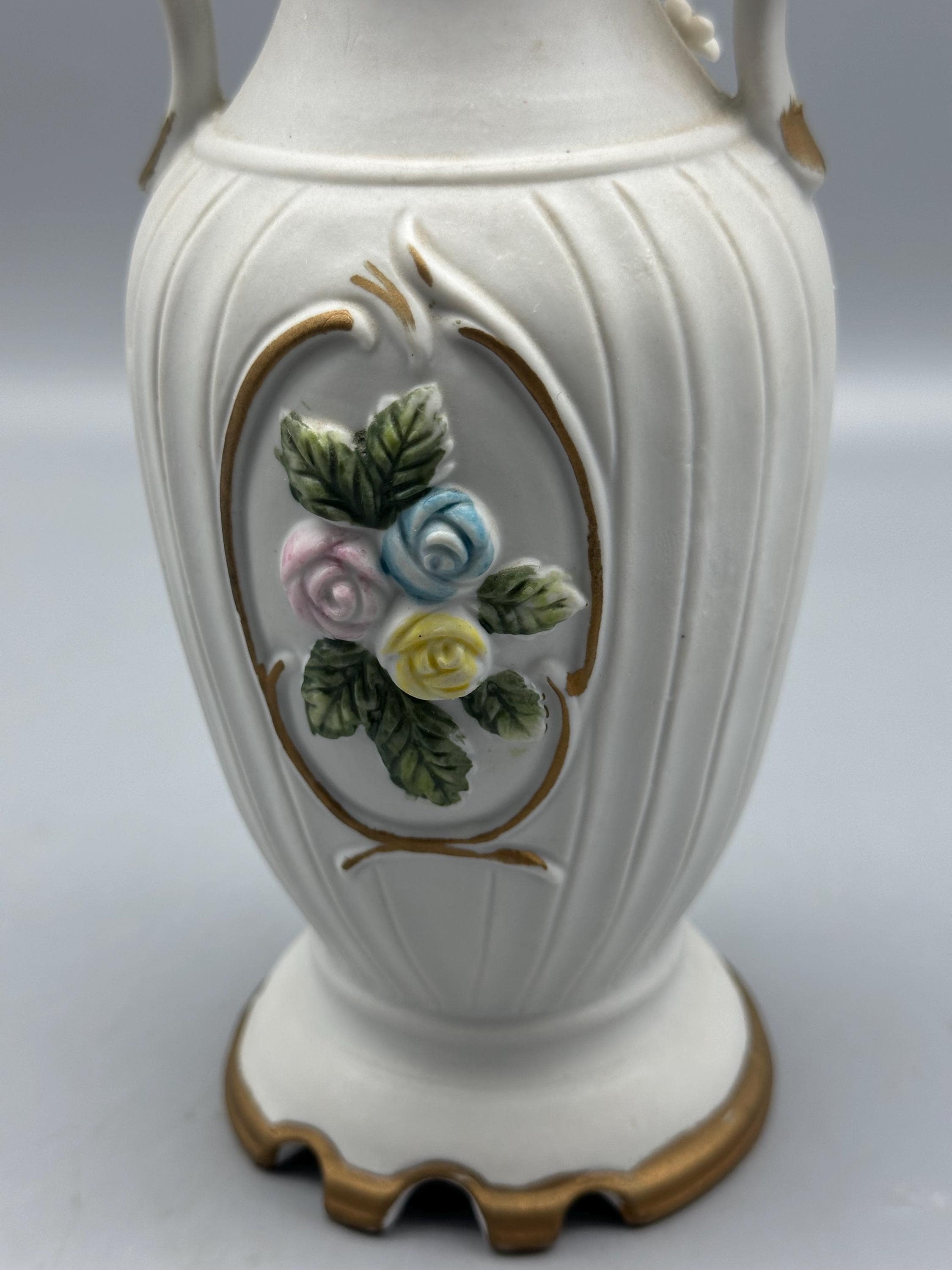Norleans Urn Shaped Vase With Handles Capodimonte Style Flowers Bisque ...