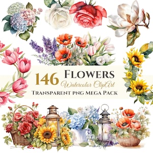 146 Flowers Clipart Mega Bundle, Floral Watercolor, Digital Download ...