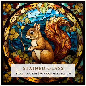 Squirrel Stained Glass Pattern, Sublimation Designs, Stained Glass PNG ...