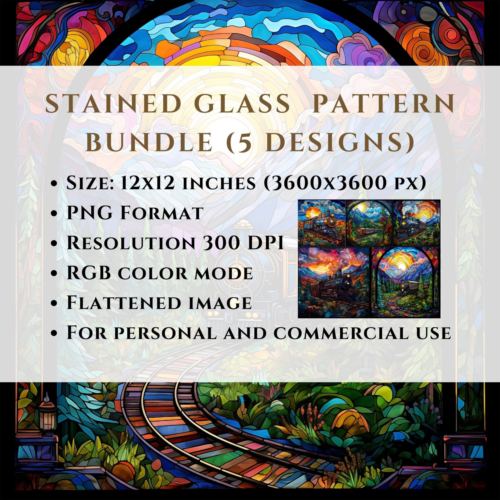 5 Train Stained Glass Pattern Bundle, Sublimation Designs, Stained ...