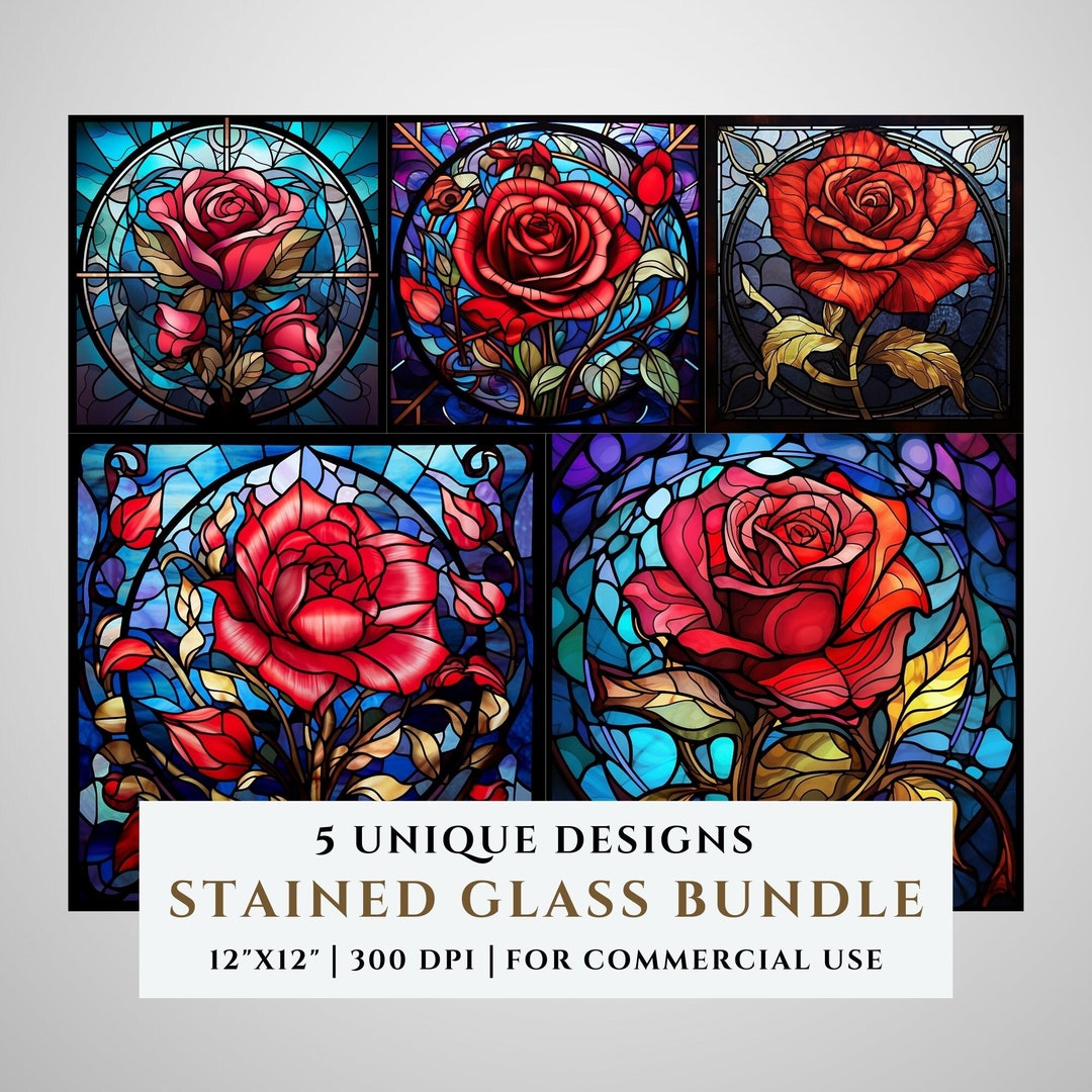 5 Red Rose Stained Glass Pattern Bundle, Flower, Floral, Sublimation ...