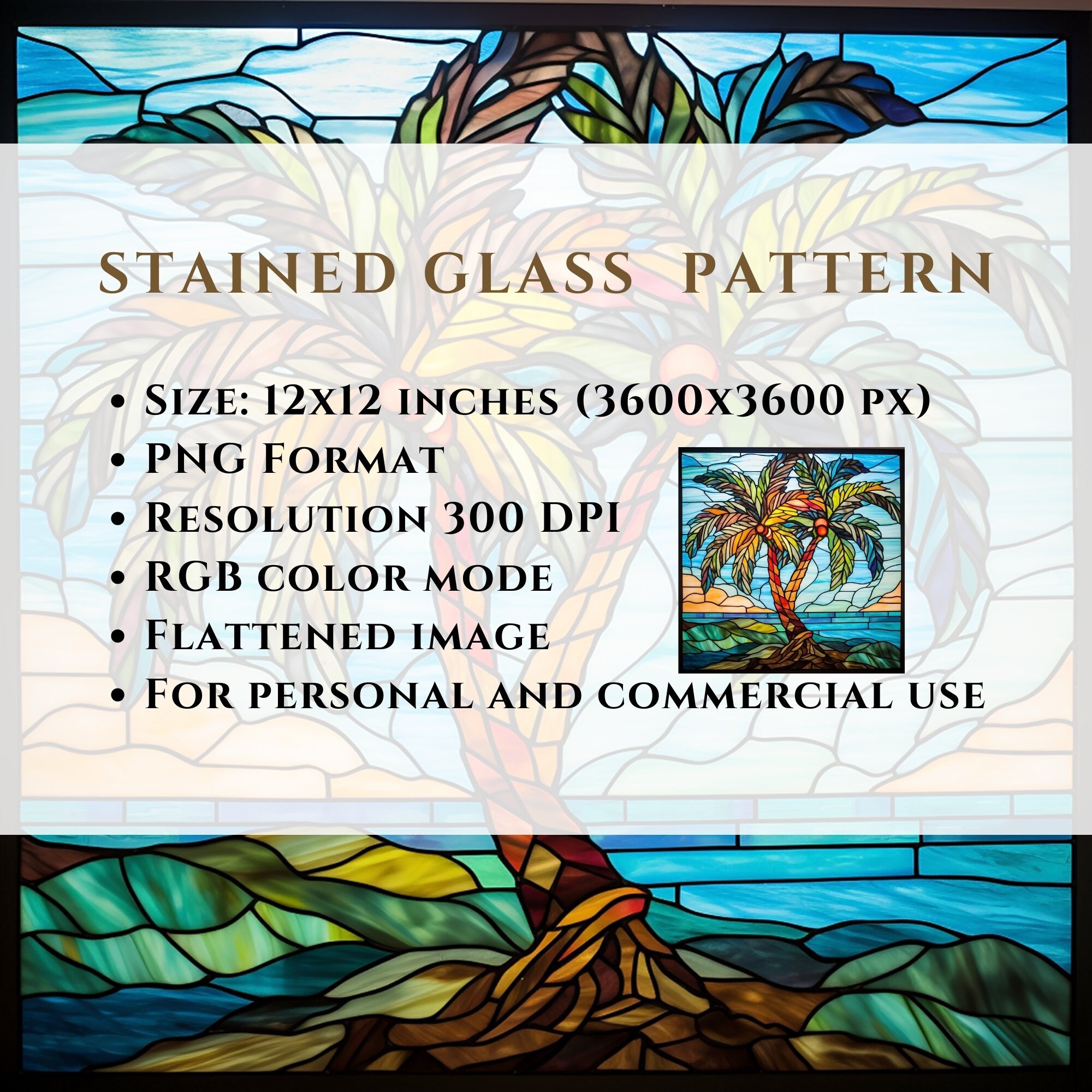 Palm Tree Stained Glass Pattern, Sublimation Designs, Stained Glass PNG ...