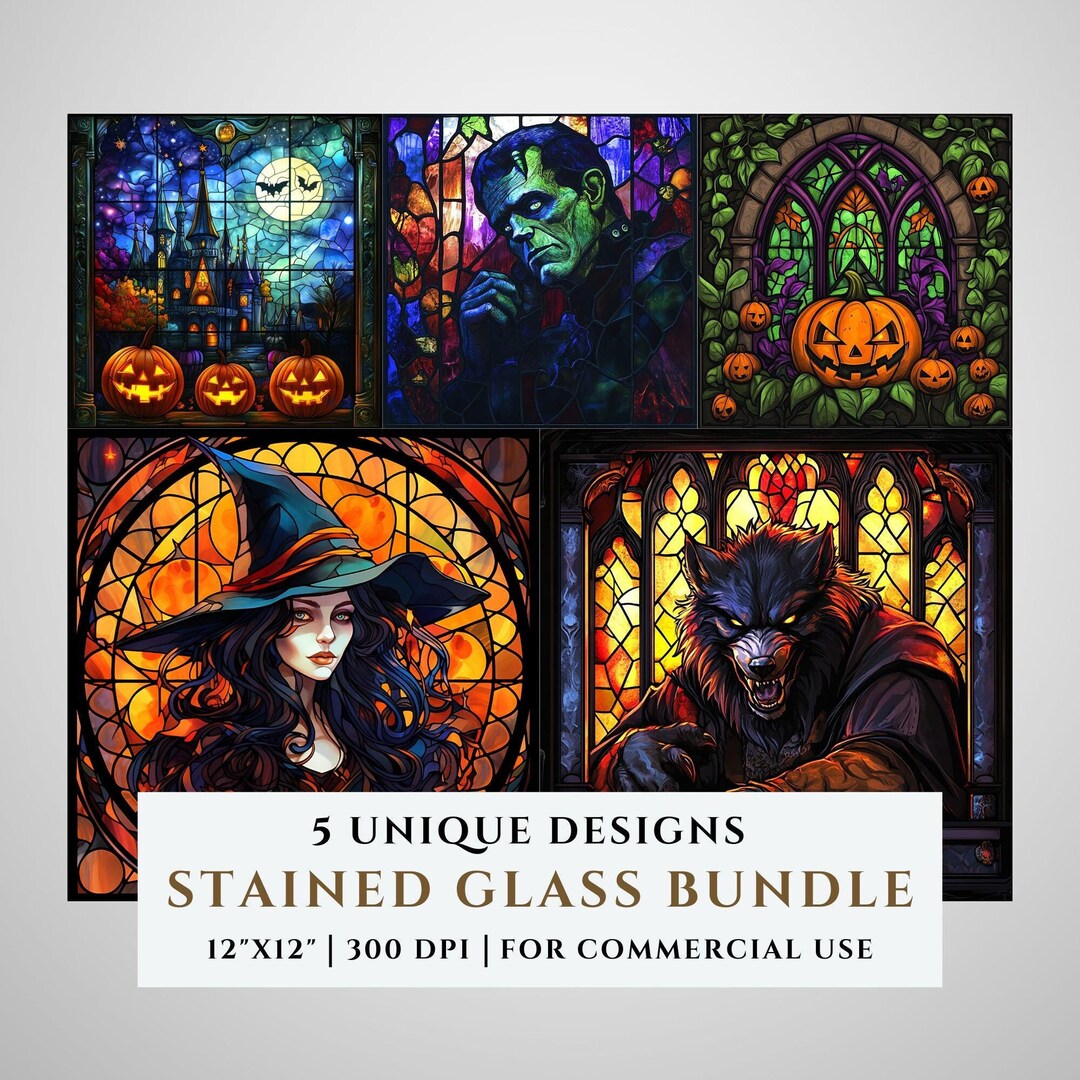 5 Halloween Motifs Stained Glass Pattern Bundle, Sublimation Designs ...