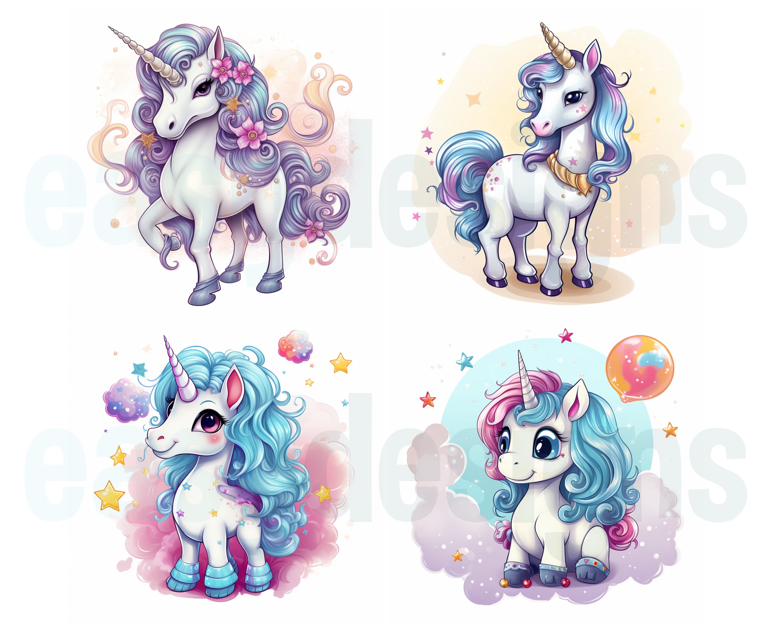 20 Cute Unicorns Watercolor Clipart Bundle, Fantasy Art, Digital High ...