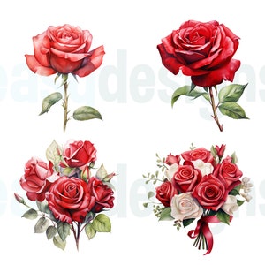 16 Watercolor Red Roses Floral Clipart Bundle, Digital Download PNG ...