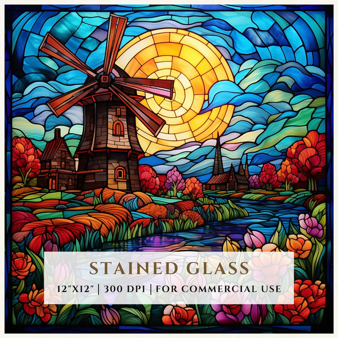 Windmill Scenery Stained Glass Pattern, Sublimation Designs, Stained ...
