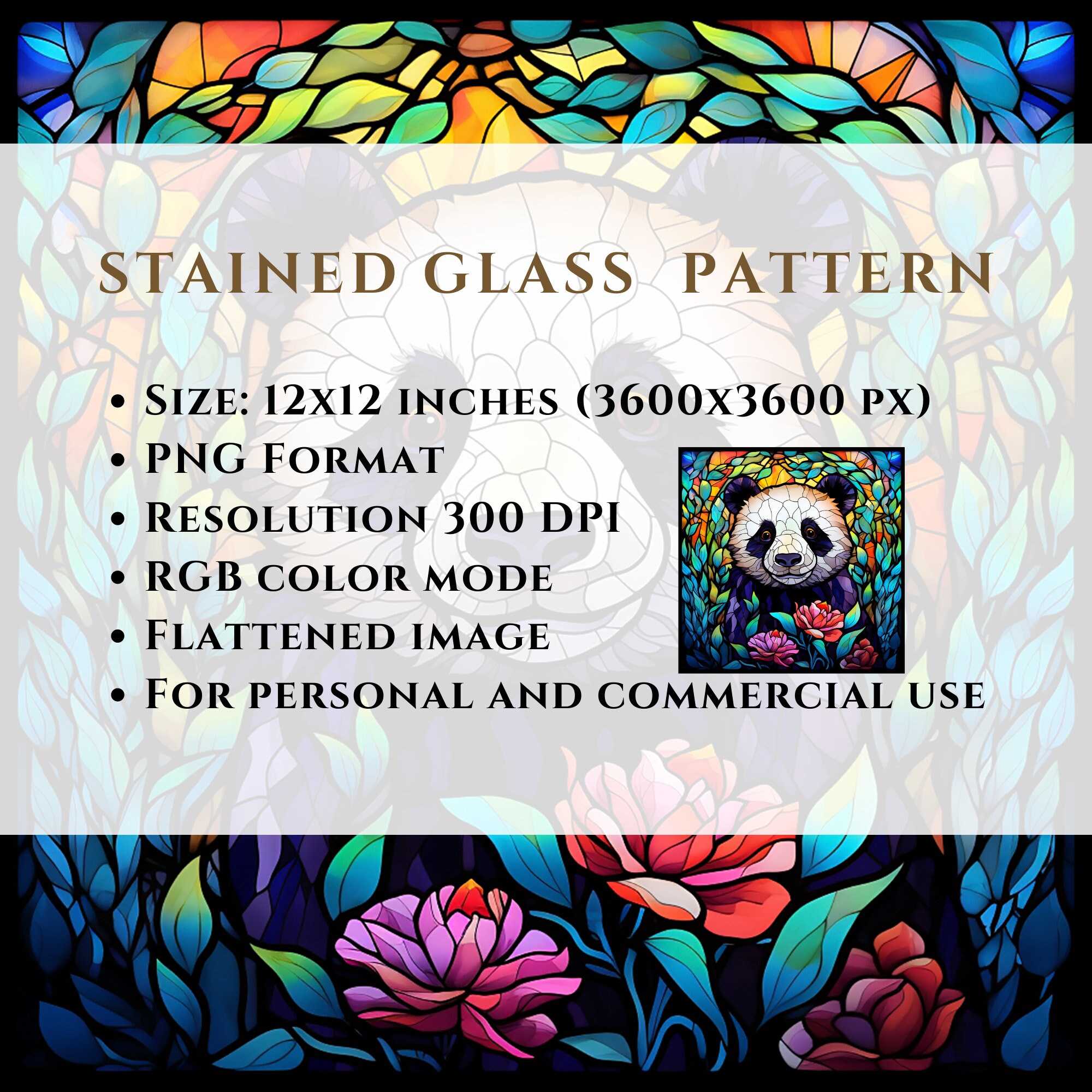 Panda Stained Glass Pattern, Sublimation Designs, Stained Glass PNG ...