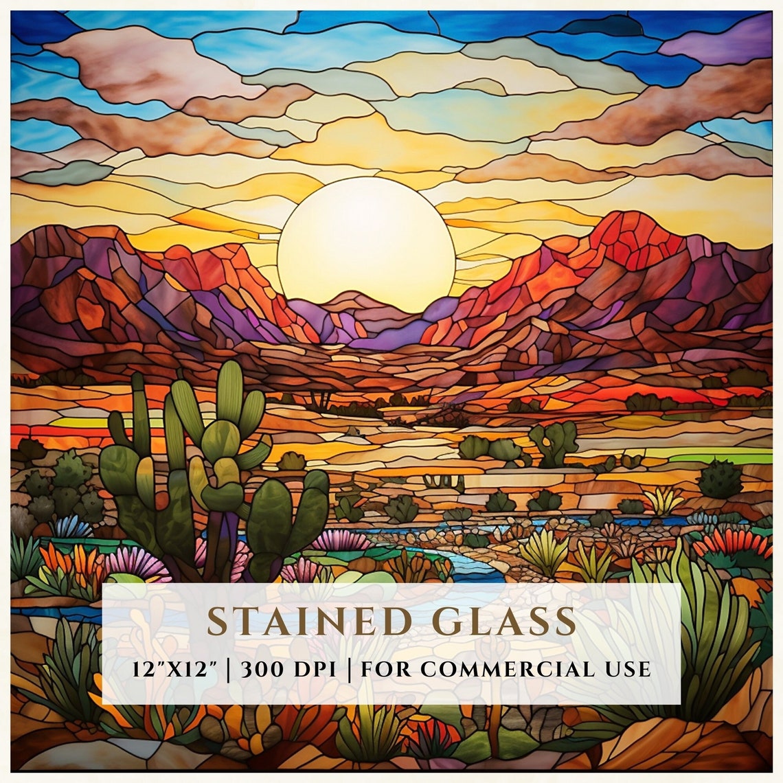 Desert Landscape Stained Glass Pattern, Sublimation Designs, Stained ...
