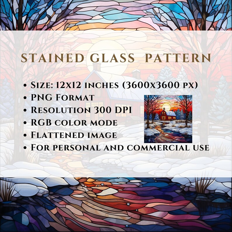 Winter Cabin Stained Glass Pattern, Sublimation Designs, Stained Glass ...