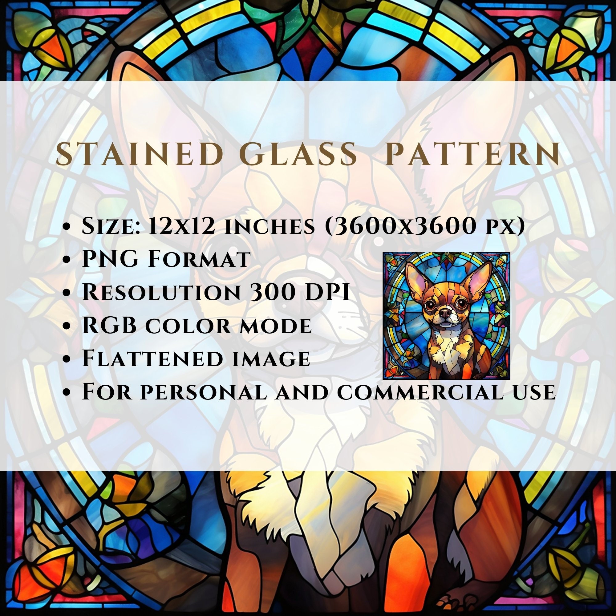 Chihuahua Dog Stained Glass Pattern, Sublimation Designs, Stained Glass ...