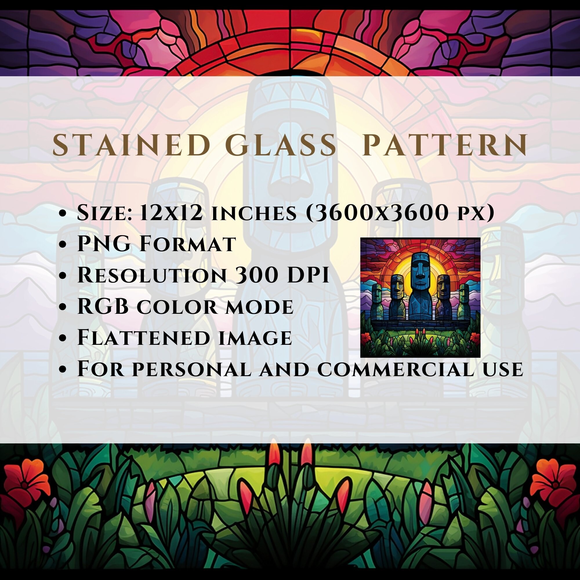 Easter Island Stained Glass Pattern, Moai Statues, Sublimation Designs ...