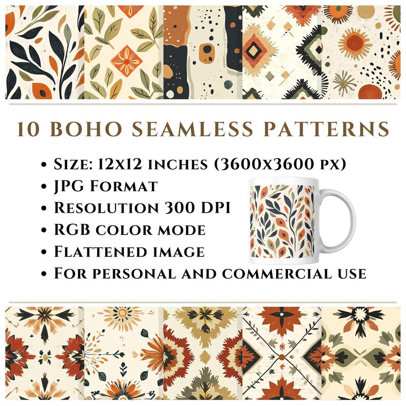 10 Boho Seamless Patterns, Boho Digital Paper, Scrapbook Paper, Boho ...