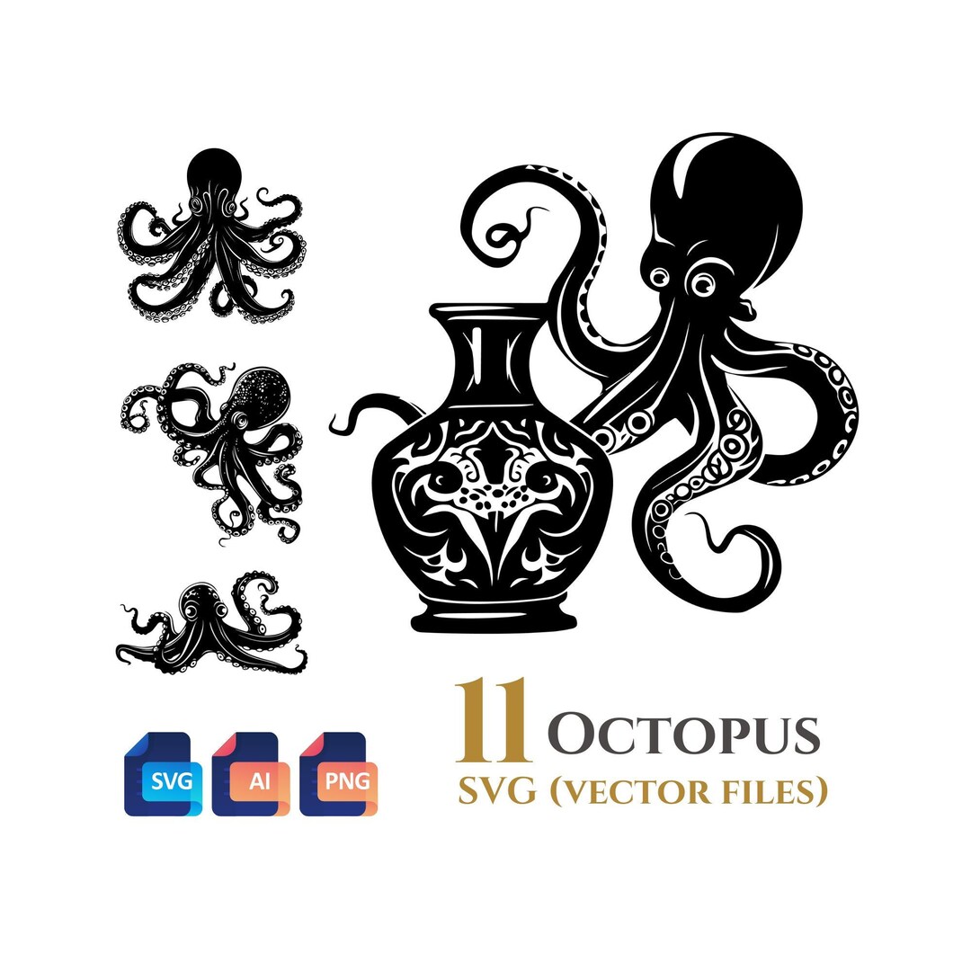11 Octopus Svg Vector Clipart Bundle, Transparent Background, Instant ...