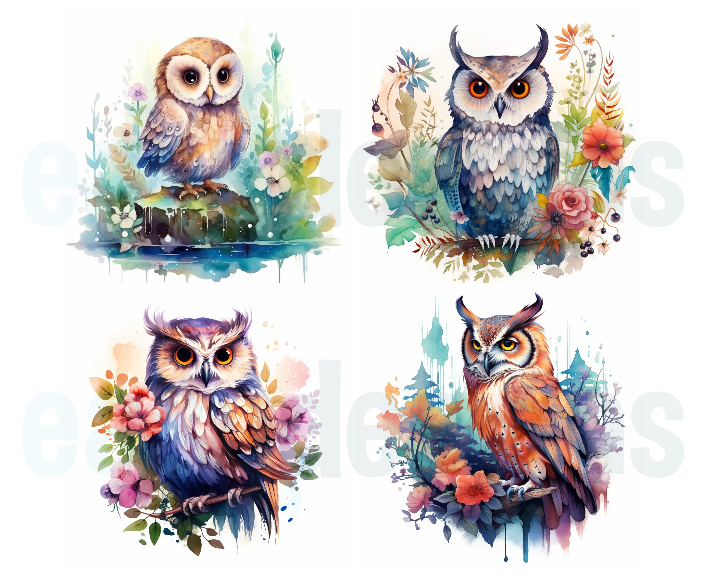 28 Watercolor Owls Floral Clipart Bundle, Digital Graphics, Instant ...