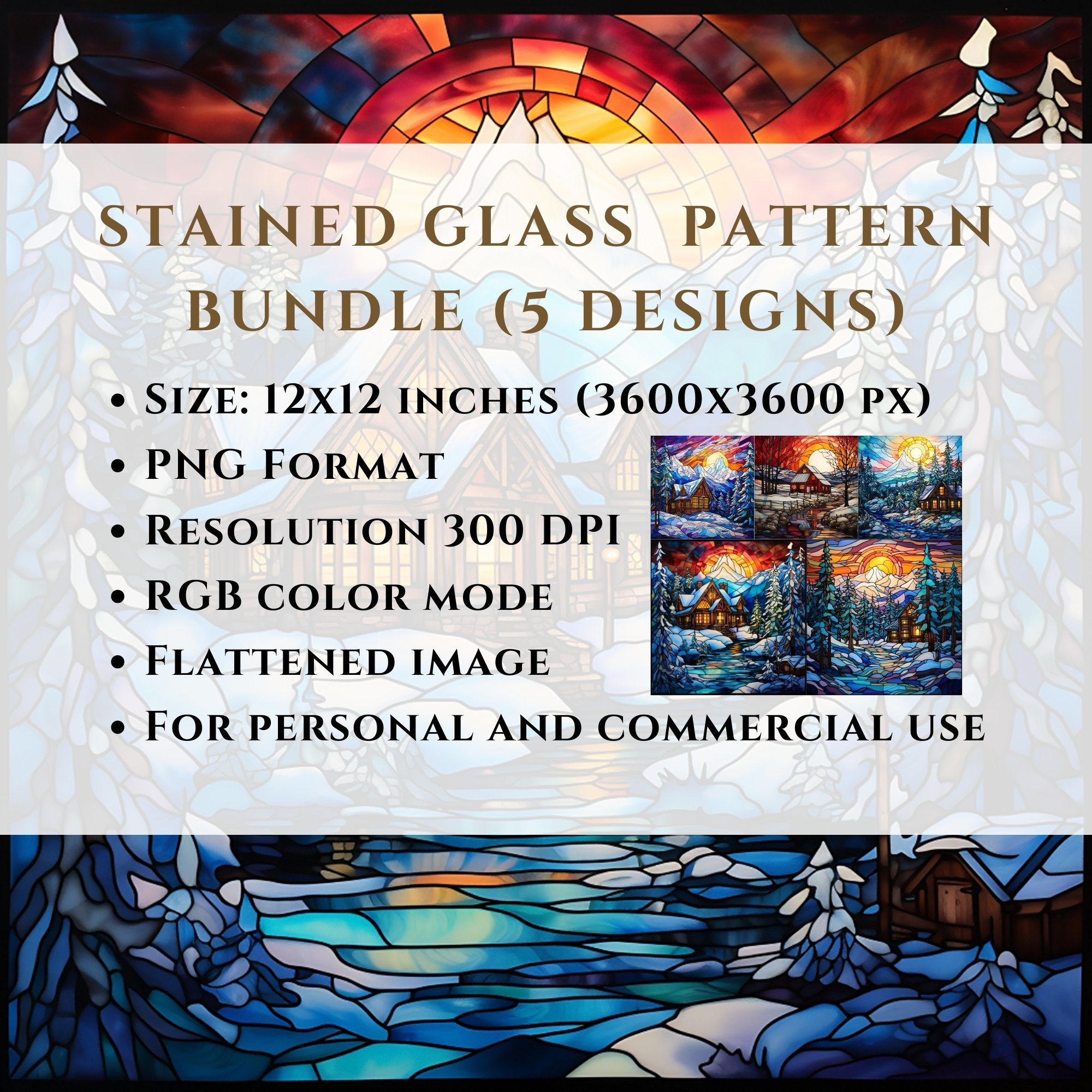 5 Winter Cabin Stained Glass Pattern Bundle, Sublimation Designs ...