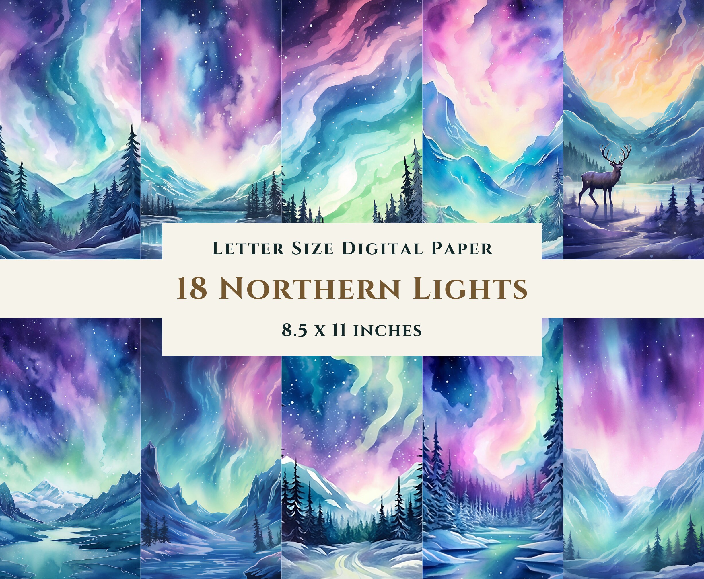18 Northern Lights Printable Digital Paper Bundle, Aurora Borealis ...