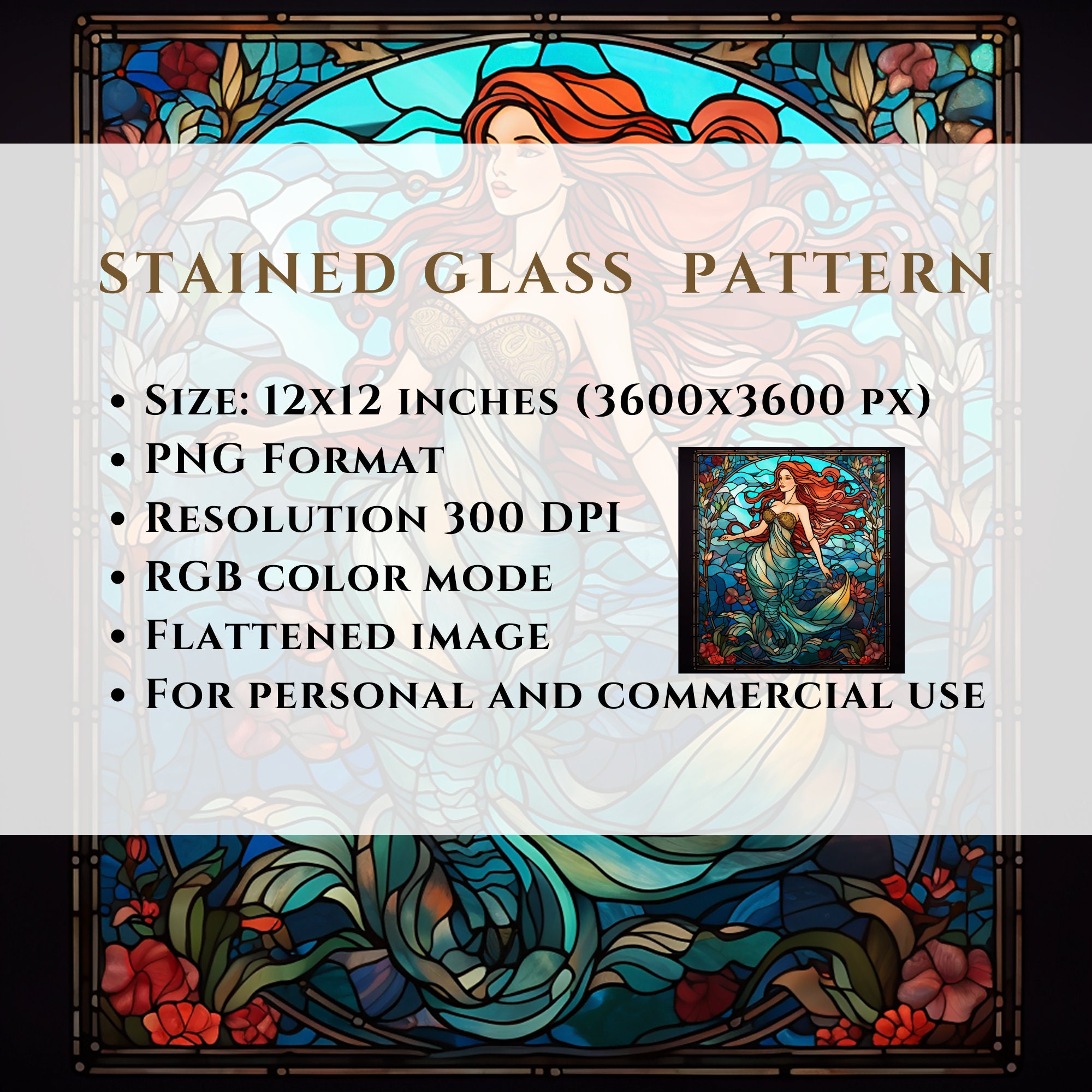 Mermaid Stained Glass Pattern, Sublimation Designs, Stained Glass PNG ...