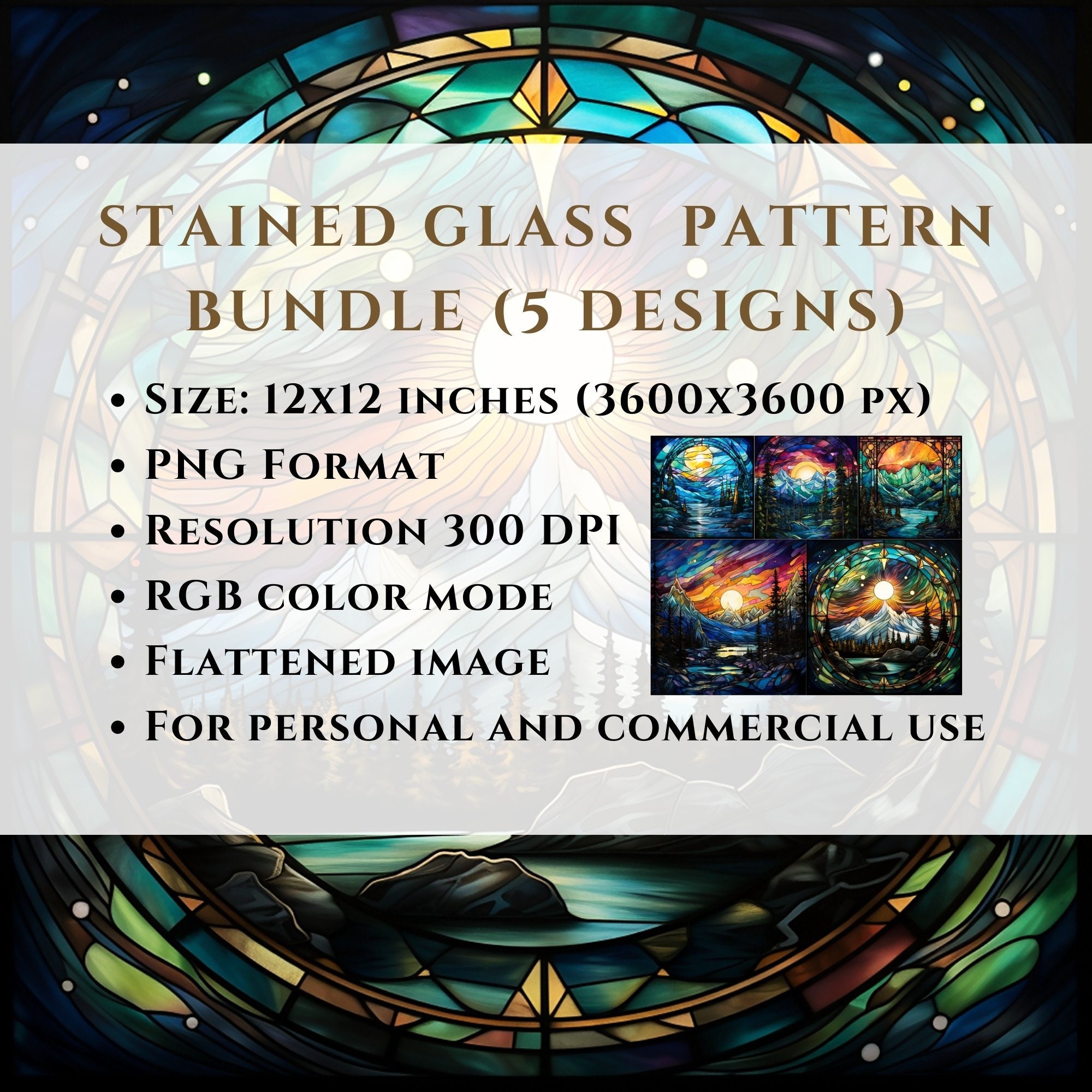 5 Northern Lights Stained Glass Pattern Bundle, Sublimation Designs ...