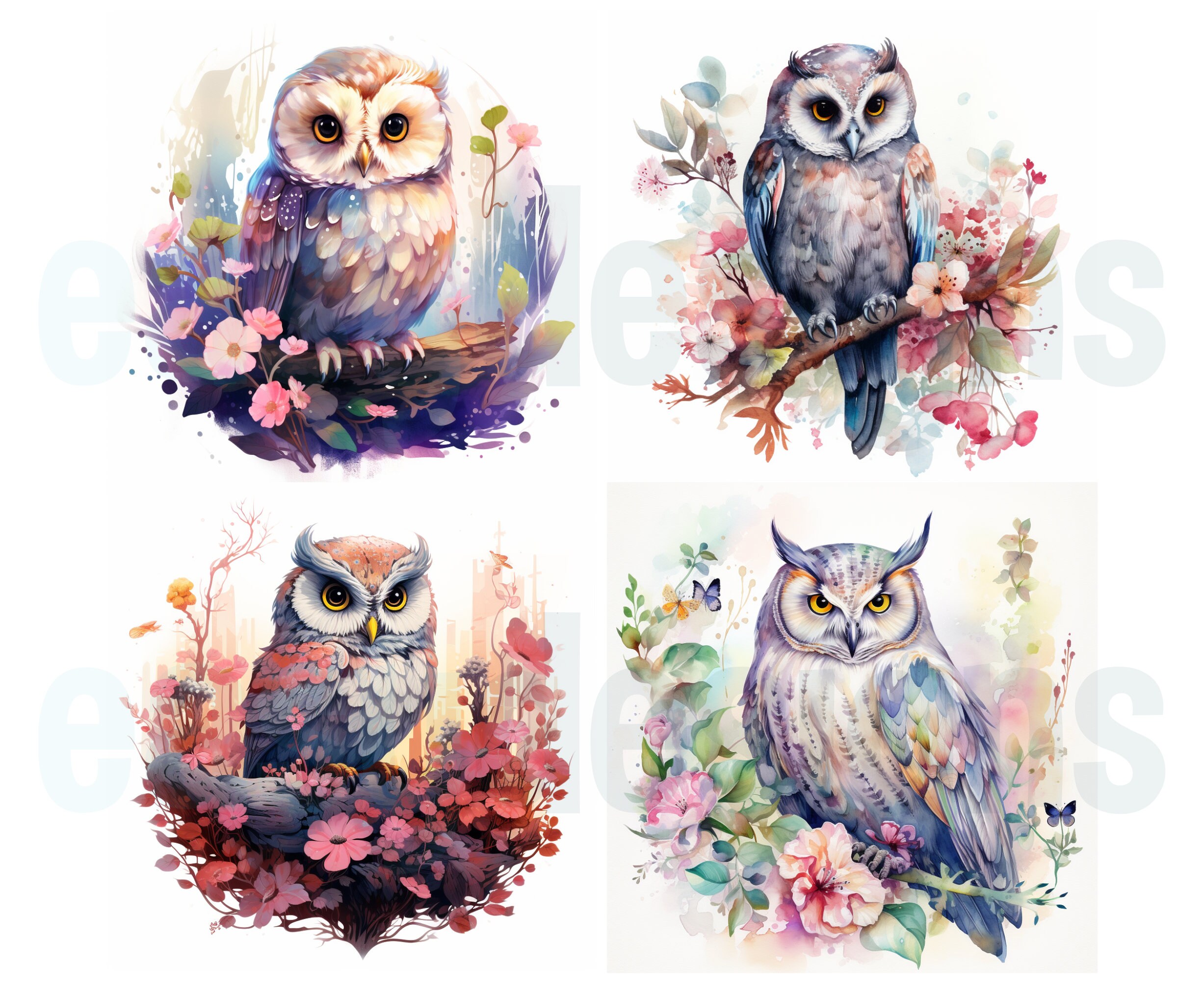28 Watercolor Owls Floral Clipart Bundle, Digital Graphics, Instant ...