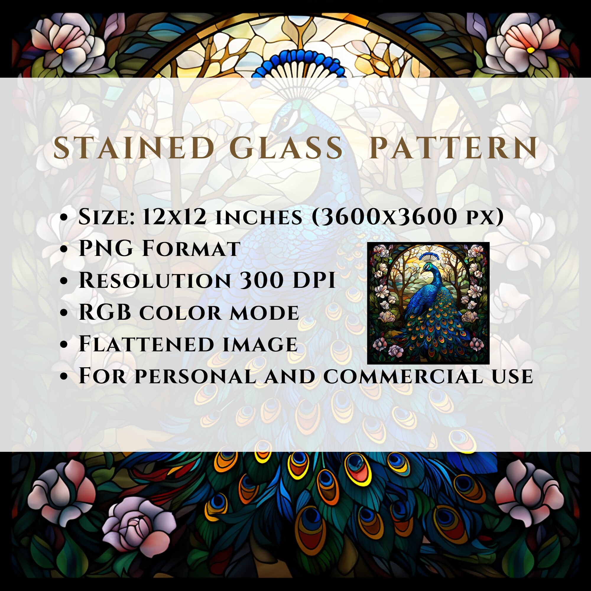Peacock Stained Glass Pattern, Sublimation Designs, Stained Glass PNG ...