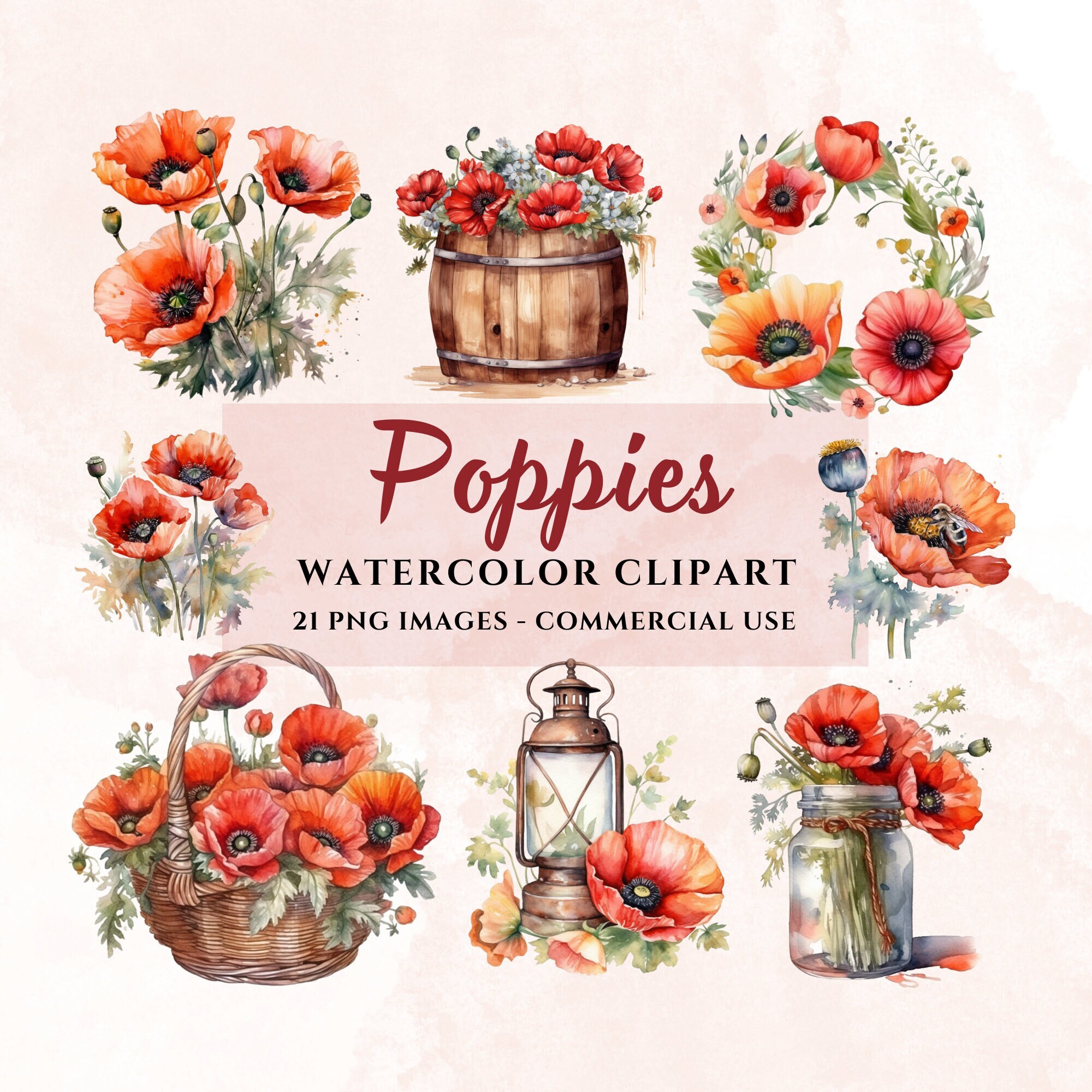 21 Poppy Flowers Watercolor Clipart, Transparent PNG, Floral Bouquets ...