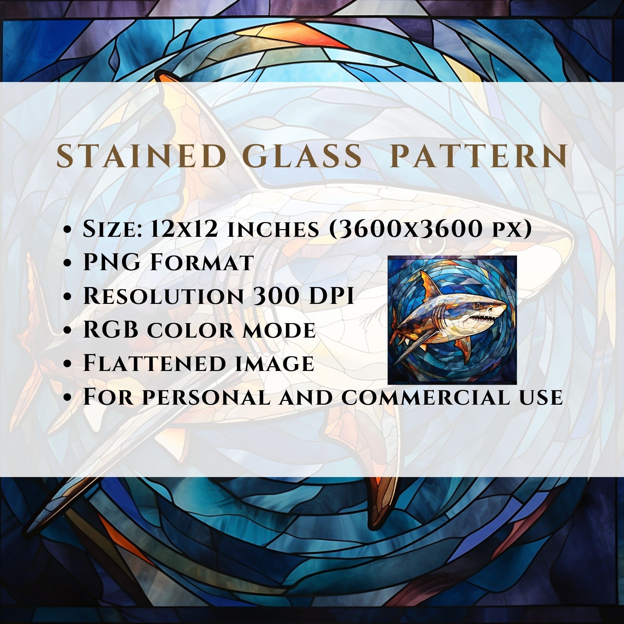 Shark Stained Glass Pattern, Sublimation Designs, Stained Glass PNG ...