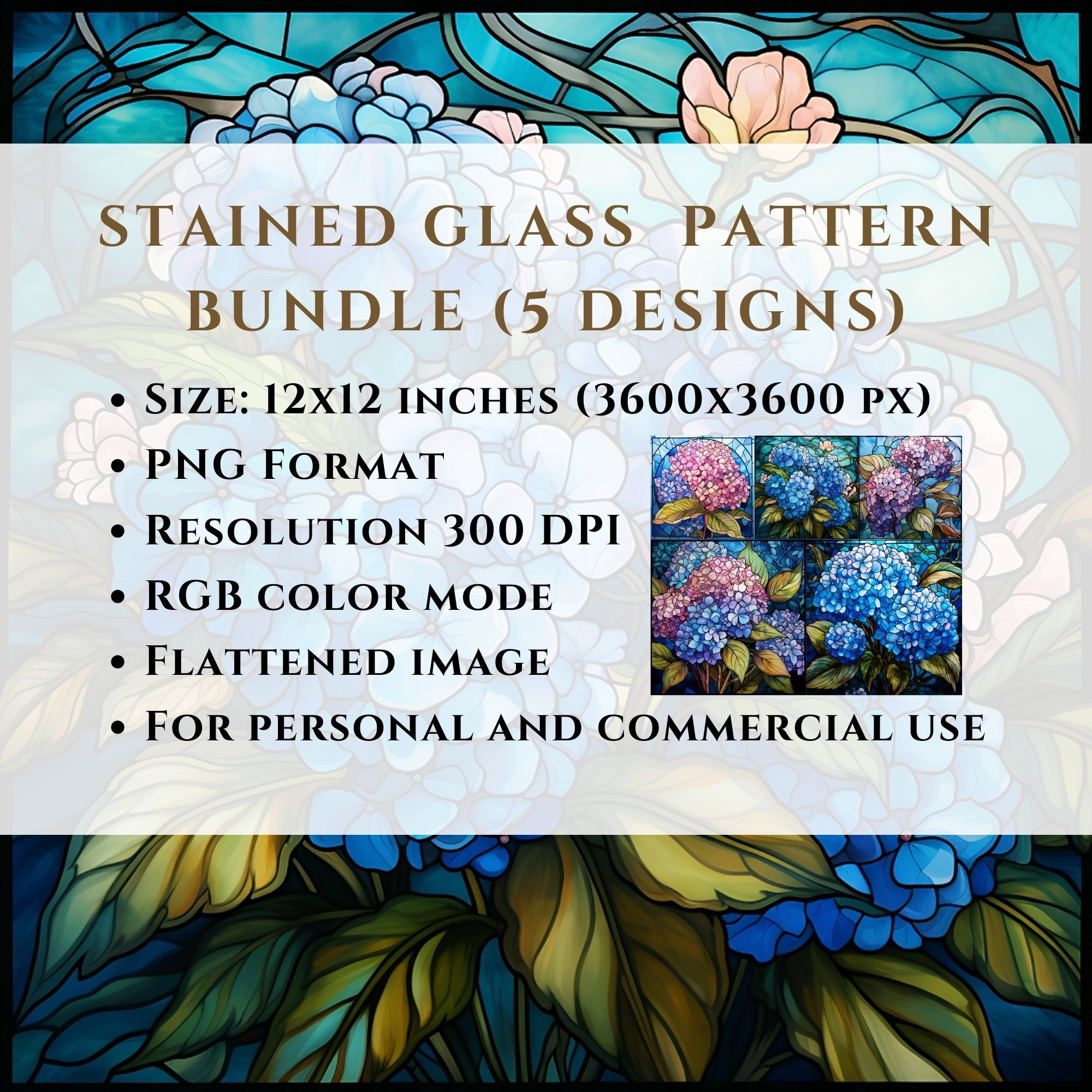 5 Hydrangea Flowers Stained Glass Pattern Bundle, Sublimation Designs ...