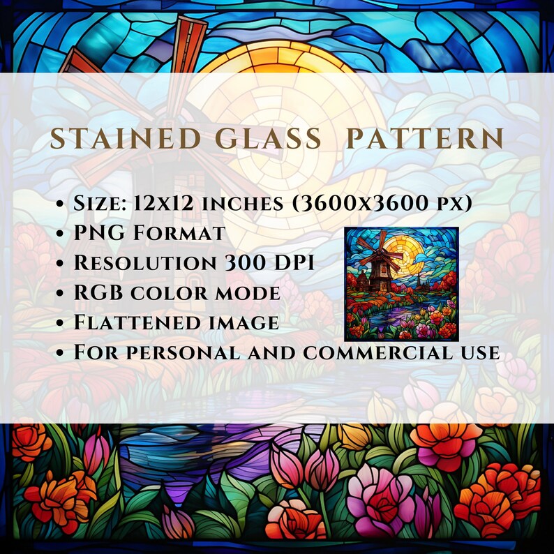 Windmill Scenery Stained Glass Pattern, Sublimation Designs, Stained ...